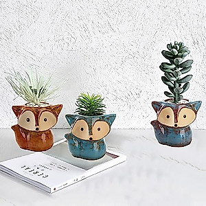 Dicunoy 6 Pack Mini Animal Succulent Planters, 3.5" Ceramic Fox Flower Pots with Drainage Hole, Cute Cactus Planter for Indoor Plants, Home, Office, Window Decoration