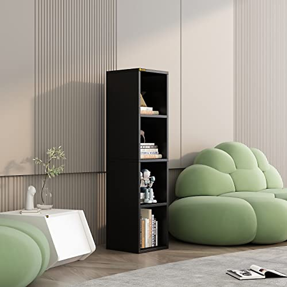 NEWSENDY Modern 4-Tier Open Bookcase and Bookshelf, Floor Standing Bookcase Storage Shelves, Wooden Cube Storage Shelf for Home Office, Living Room, Bedroom, Black