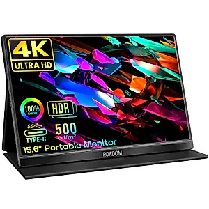 ROADOM 4k Portable Monitor,15.6'' IPS Ultra HD 3840x2160,100% Adobe RGB,500cd/㎡,HDR,Dual Speakers,Smart Cover,Mini-HDMI Dual USB C Portable 4k Monitor for Smartphone/Laptop/Desktop/PS/Xbox/Switch