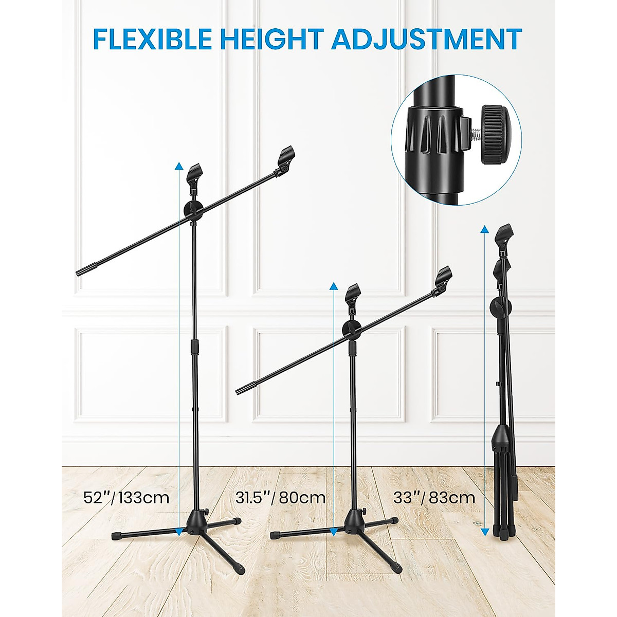 Moukey Microphone Stand, Tripod Boom Mic Stand with 2 Non-Slip Mic Clip Holders & 2 Foam Covers, Collapsible Adjustable Mic Stand for Singing, Karaoke, Stage and Outdoor Activities, Black, MMs-3