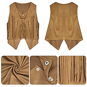 Pistha Women Tassel Vest 70s Hippie Sleeveless Faux Suede Rivets Fringe Vest Waistcoat Jacket Cowgirl Outfits(Brown,M)