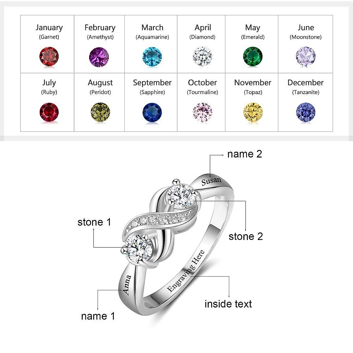 Tian Zhi Jiao Personalized Infinity Engagement Promise Rings for Her Custom 2 Simulated Birthstone Mothers Rings Engraved 2 Names Jewelry for Women (8)