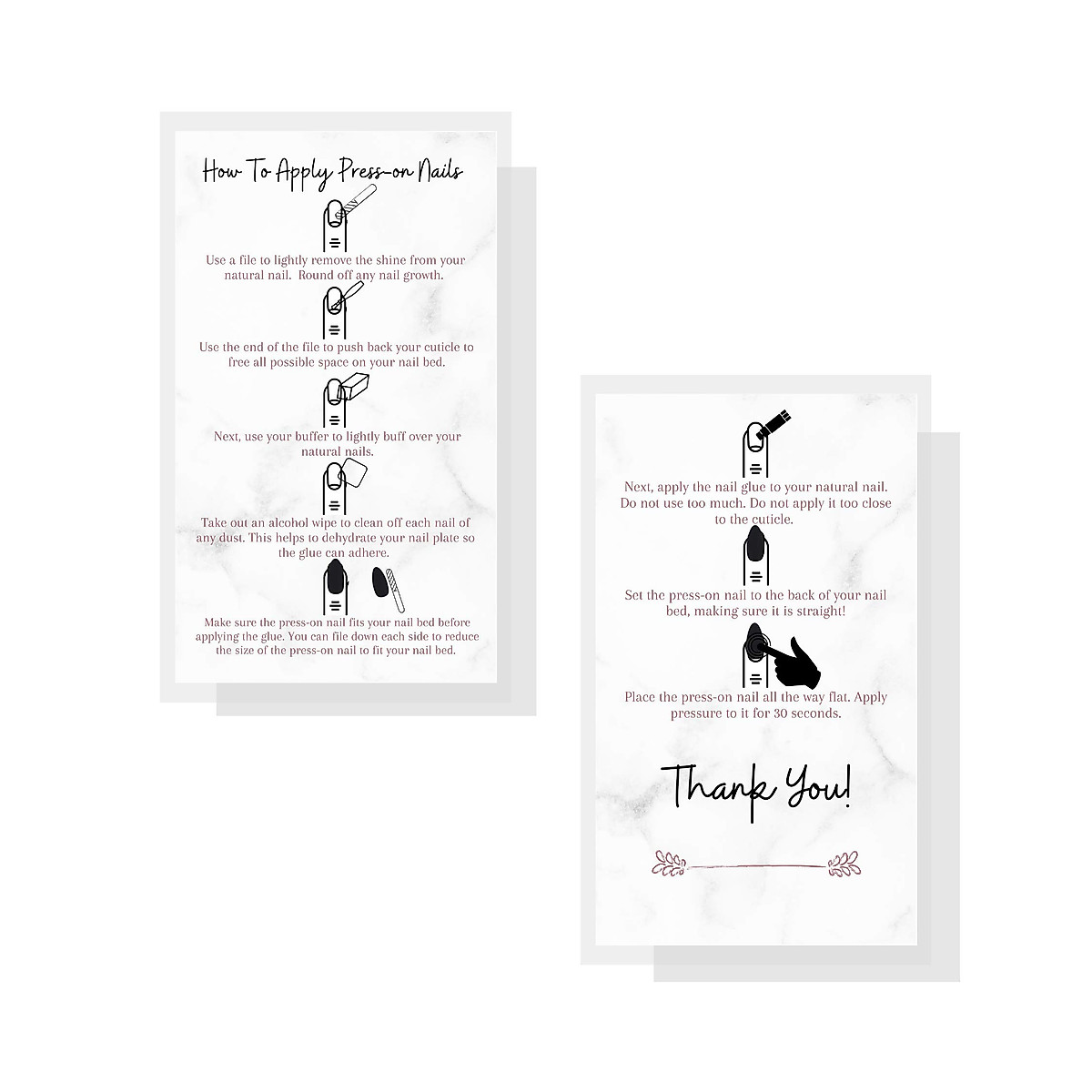Press-On Nail Application Instructions Cards | 50 Pack | 2x3.5" inch Business Card Size | DIY Press-On Nail Kit | Marble with Rosey Gold Design