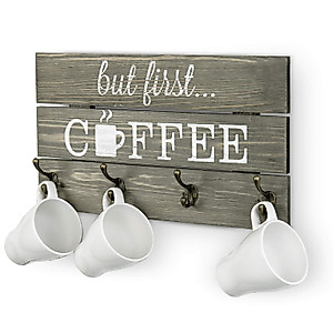 MyGift Wall Mounted Vintage Gray Solid Wood Coffee Mug Holder Rack, Decorative 'But First Coffee' Sign Coffee Bar Accessories Decor with 4 Dual Hooks