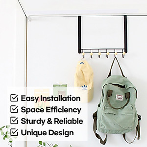 GOODSDECO Over The Door Hooks - 6 Hooks, Heavy Duty Over The Door Coat Towel Hat Scarf Rack Hanger, Wooden Door Hooks, Behind Back of Door (Black)