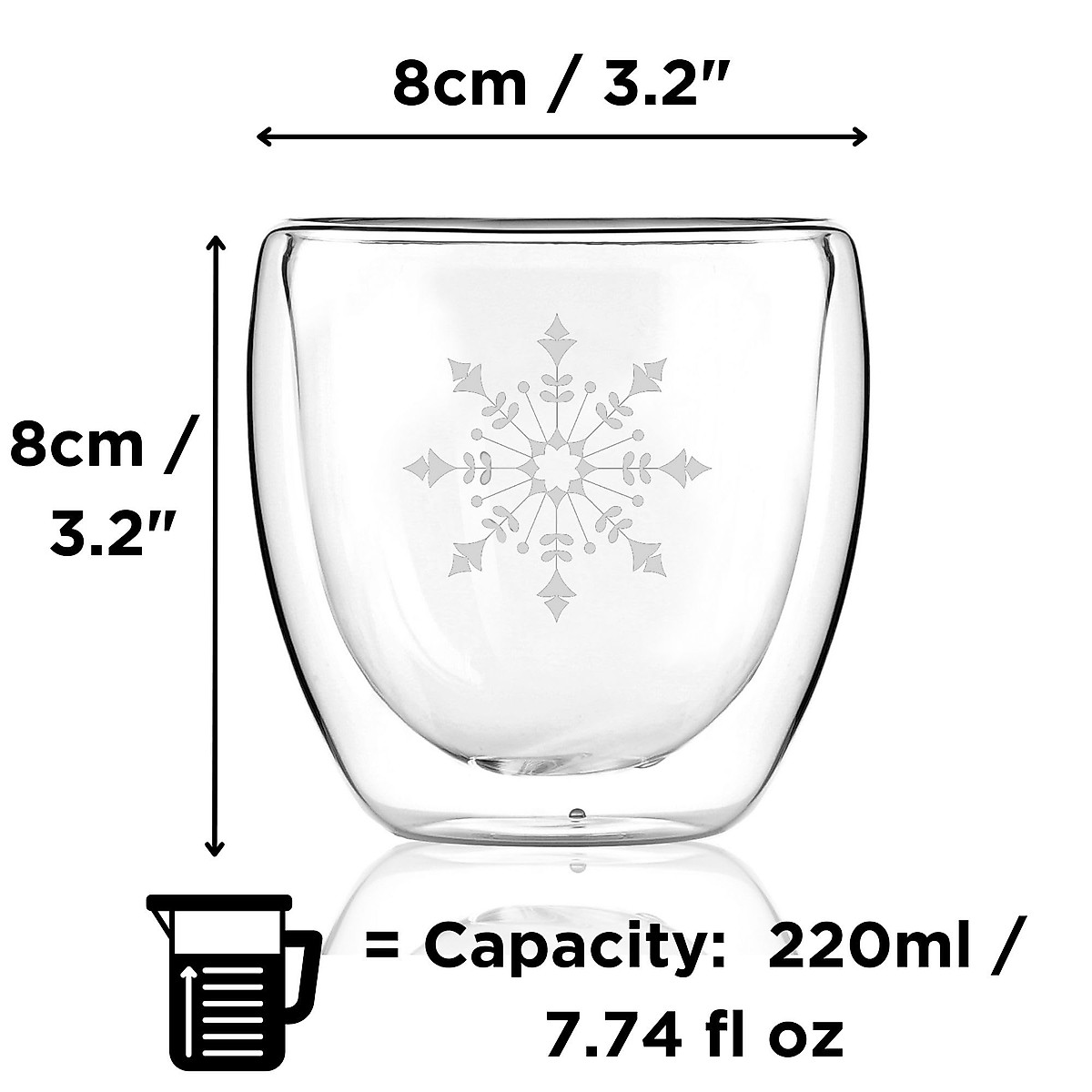 Wrenbury Mulled Wine Glasses Snowflake 7.7oz - Set of 4 Hot Toddy Mugs - Boroscilicate Double Walled Glasses - Insulated for Winter Christmas Drinks - Gluhwein Egg Nog Cups