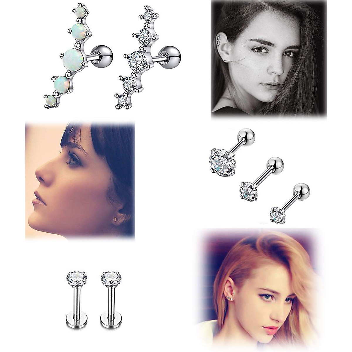 YOVORO 7Pcs 16G Stainless Steel Cartilage CZ Stud Earrings for Women Helix Tragus Daith Piercing Jewelry S2