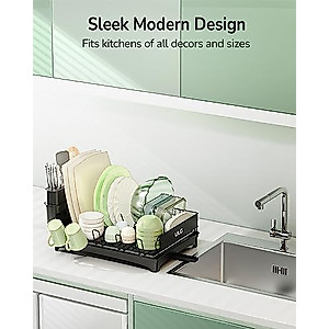 ULG Dish Drying Rack with Drainboard, Countertop Dish Rack, Rustproof Dish Drainer for Kitchen Counter, Draining Rack with Detachable Utensil Holder, Adjustable Swivel Spout Dish Strainers, Black