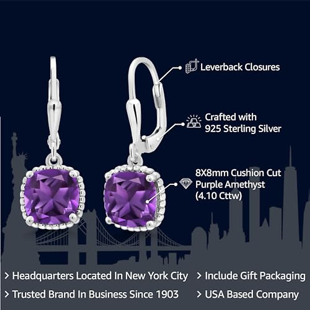 Gem Stone King 925 Sterling Silver 8MM Cushion Gemstone Birthstone Leverback Drop Dangle Earrings for Women