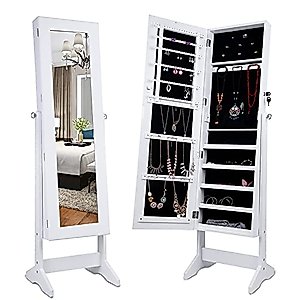 Lockable Jewelry Armoire Large Jewelry Cabinet with Standing Mirror Jewelry Holder Organizer Storage, 4 Angle Adjustable (White)