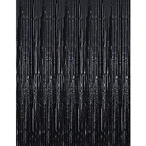 GOER 3.2 ft x 9.8 ft Metallic Tinsel Foil Fringe Curtains Party Photo Backdrop Party Streamers for Halloween,Birthday,Graduation,New Year Eve Decorations Wedding Decor (3 Packs,Black)