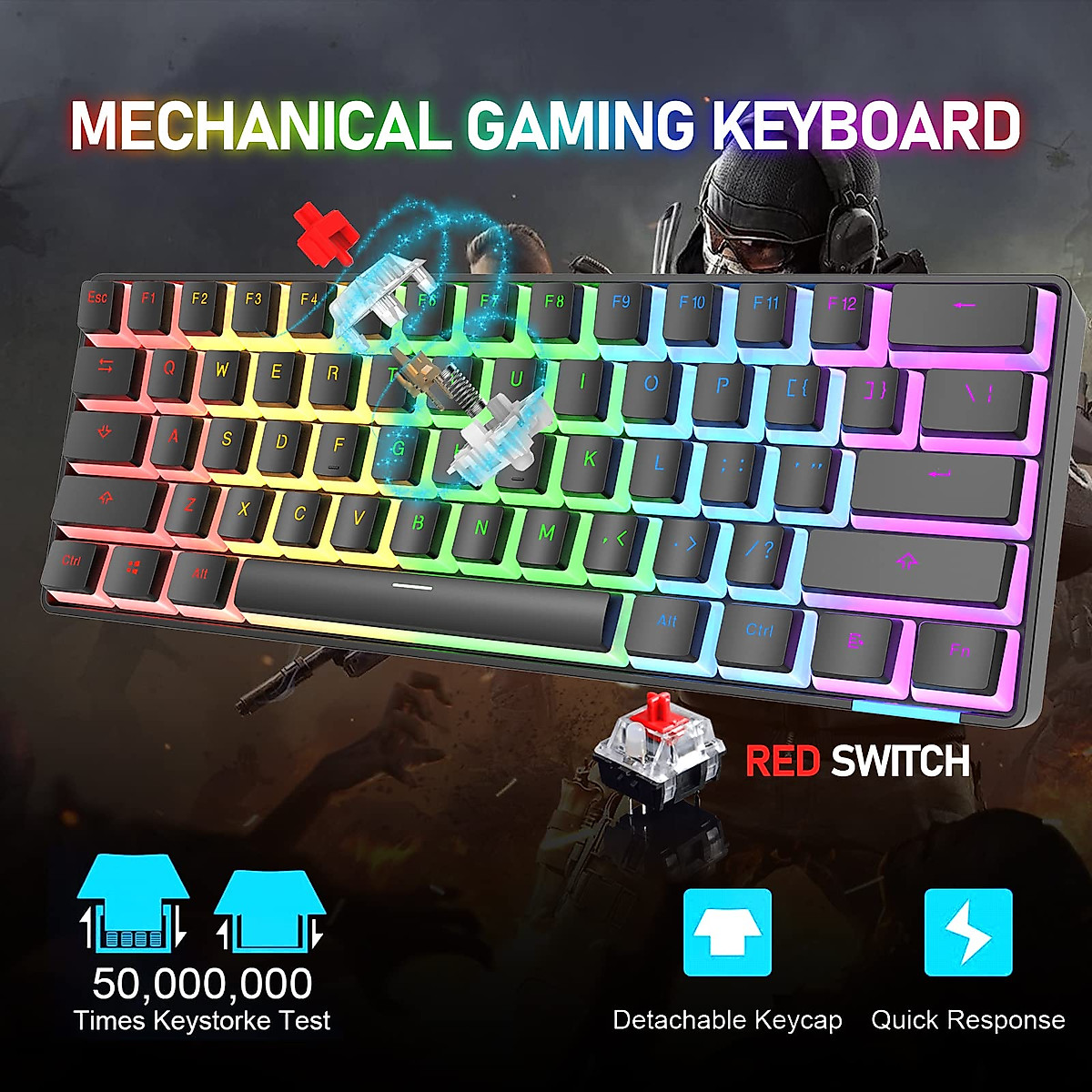 Mini Wireless 60% Dual Mode BT5.0/USB-C Wired Mechanical Gaming Keyboard with Pudding Keycaps Rainbow Backlit Ergonomic Rechargeable Anti-ghosting 61Key for PC Typist Mac Gamer(Black PBT/Red Switch)