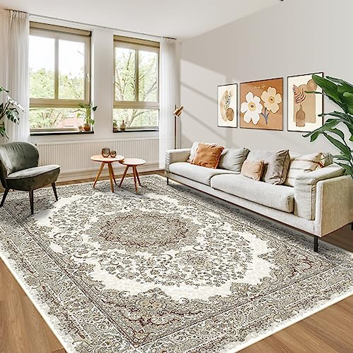 Area Rug Living Room Rugs: 8x10 Washable Oriental Persian Carpet for Bedroom Under Dining Table Large Farmhouse Floral Distressed Indoor Non Slip Decor Home Office Nursery - Beige