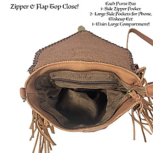 Urbalabs Western Crossbody Fringe Buckle Cowhair Leather Messenger Teal Stone Tooled Tote Bag Hand Stitched Purses (Dark Brown)