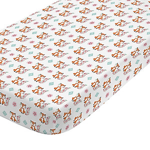 NoJo Aztec Mix & Match 100% Cotton Teal Floral Fox Fitted Crib Sheet, Pink, Orange, Aqua, White