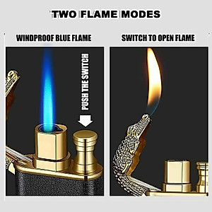GDDFZ Ruinidi Magic Double Flame Lighter Luminous Cigar Torch Lighters Wind-Proof and Waterproof Unusual Creative Metal Gift for Men (Dragon Shape, Black)