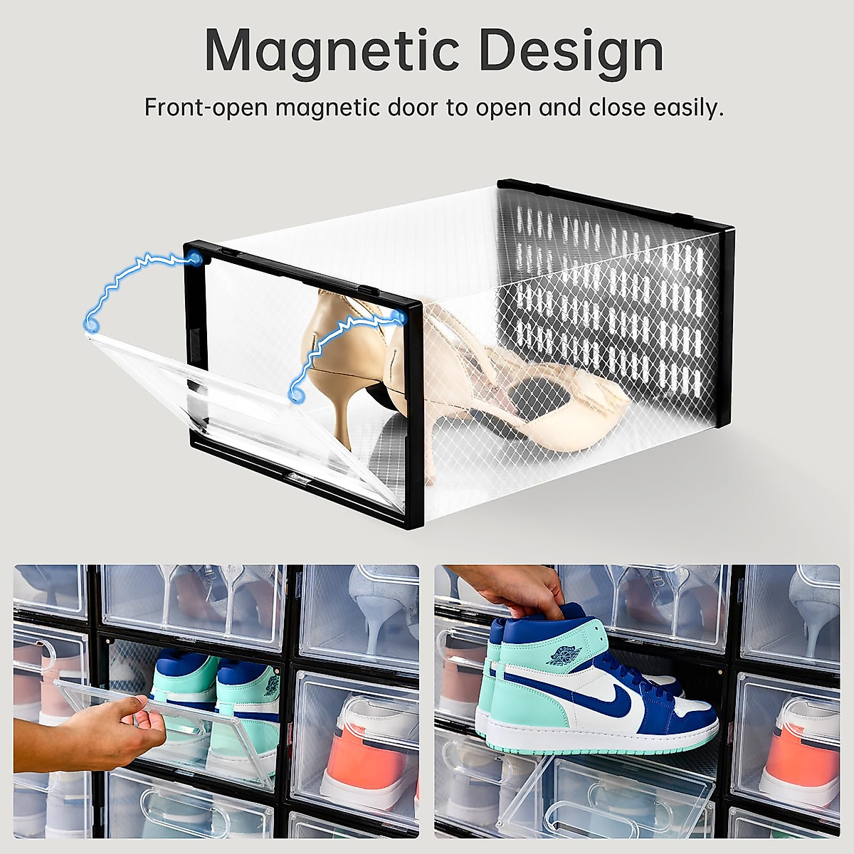 Clemate 15 Pack Shoe Storage Boxes, Clear Plastic Stackable Shoe Organizer for Closet, Shoe Box with Magnetic Door, Foldable Shoe Storage Bin, Sneaker Storage Box Shoe Rack Container Holder