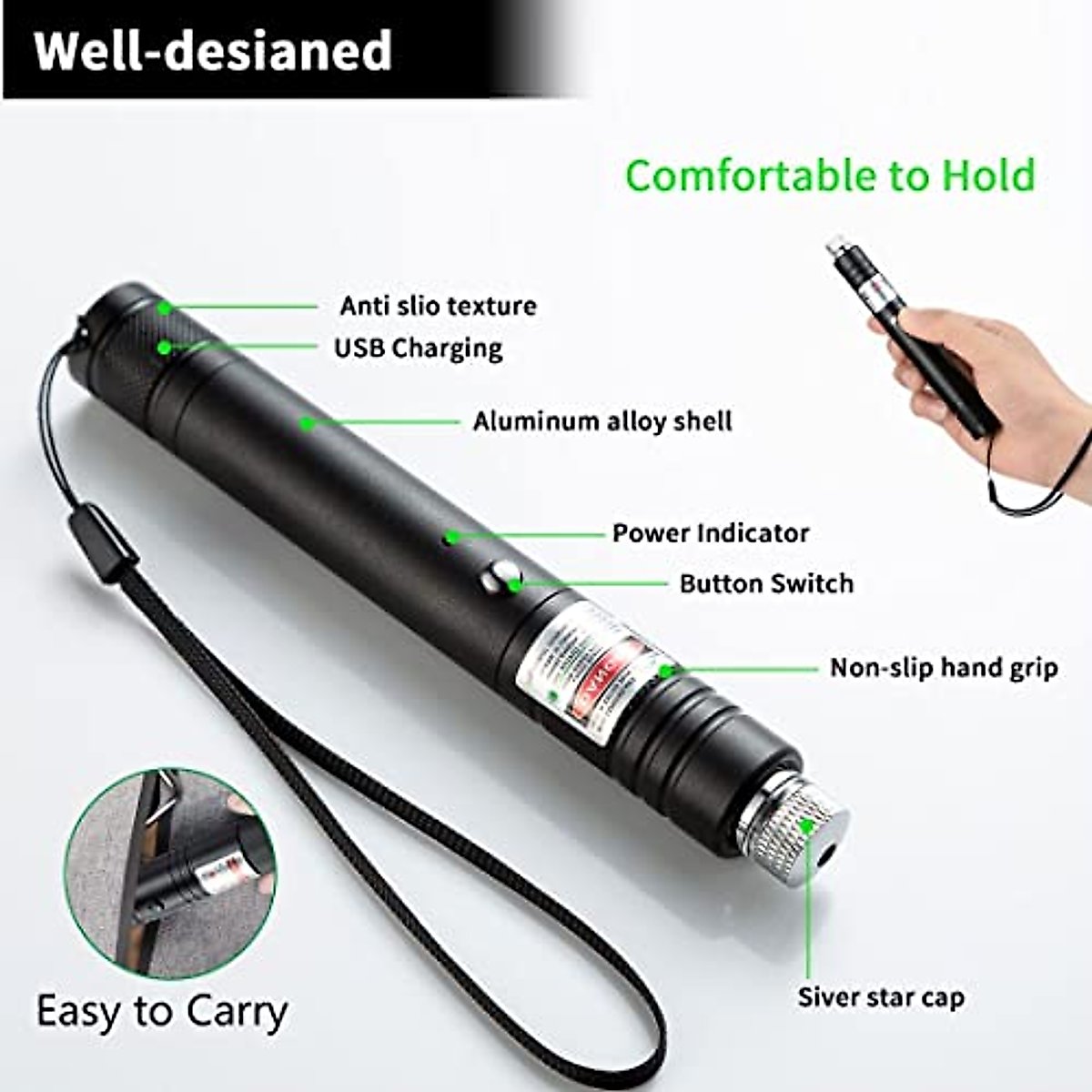 Green Laser Pointer High Power, Long Range High Power Laser Pointer, Rechargeable Pointer , Strong Lazer Pointer for Teaching Outdoor Hunting USB Rechargeable Laser Pointer Pen