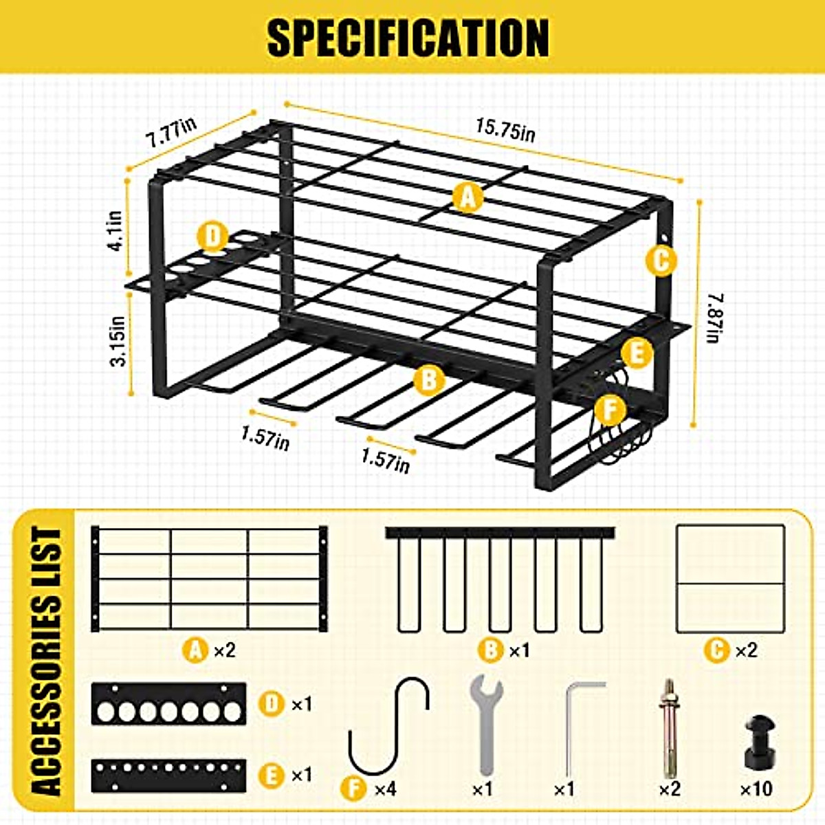 Kototen Power Tool Organizer, Drill Holder Wall Mount, Heavy Duty Garage Tool Storage Rack, Utility Storage Rack for Cordless Drill & Charging Station & Screwdriver