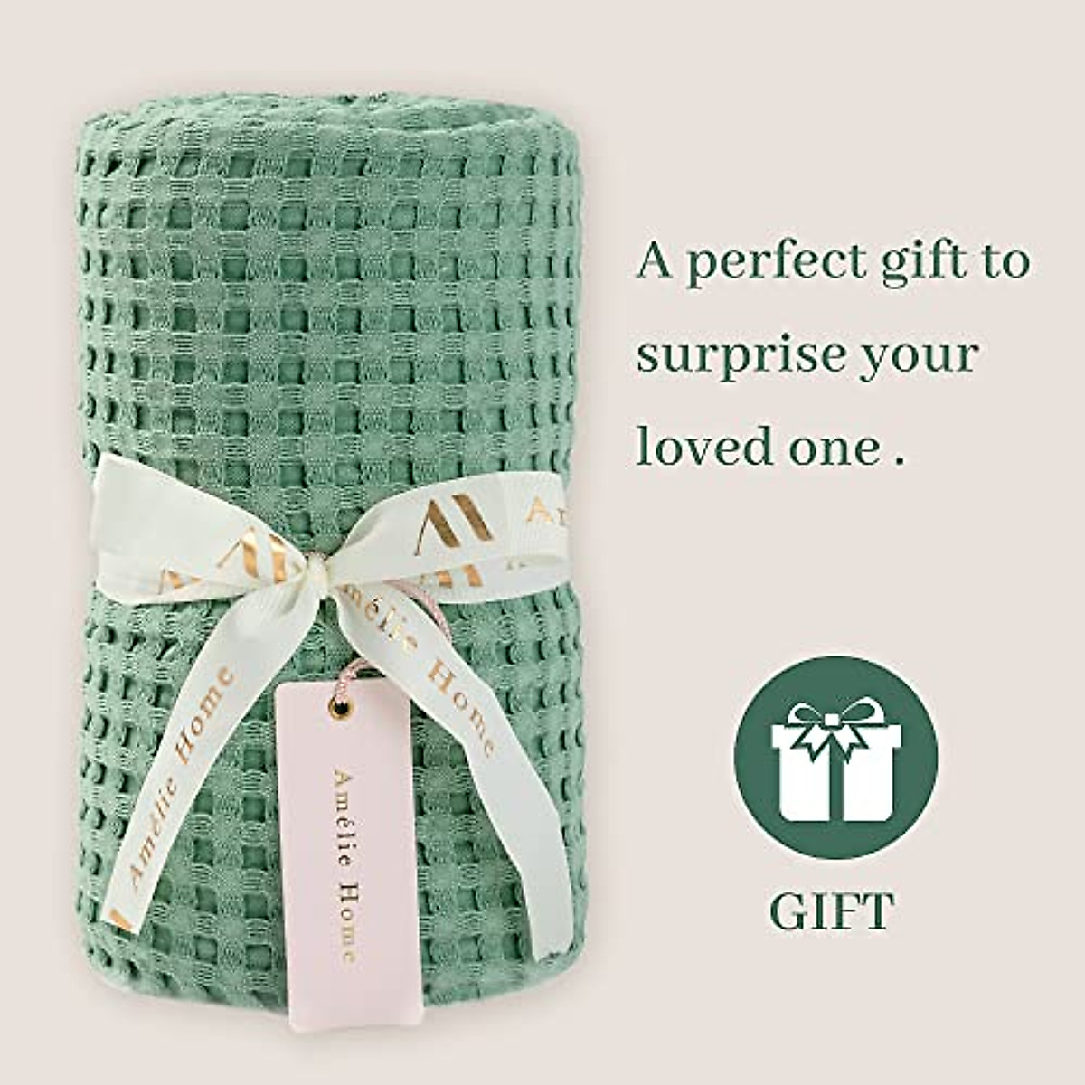 Amélie Home 100% Cotton Waffle Knit Throw Blanket, Soft Lightweight Blanket with Tassels, Decorative Breathable Textured Throw Blankets for Couch Bed Sofa, 50x60, Green