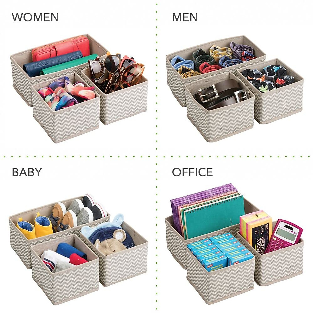 mDesign Fabric Drawer Divider Organizer Bin, Nursery/Bedroom Dresser, Closet, Shelf, Playroom Organization, Hold Clothes, Toys, Diapers, Bibs, Spira Collection, Set of 3, 4 Pack, Taupe/Natural Chevron