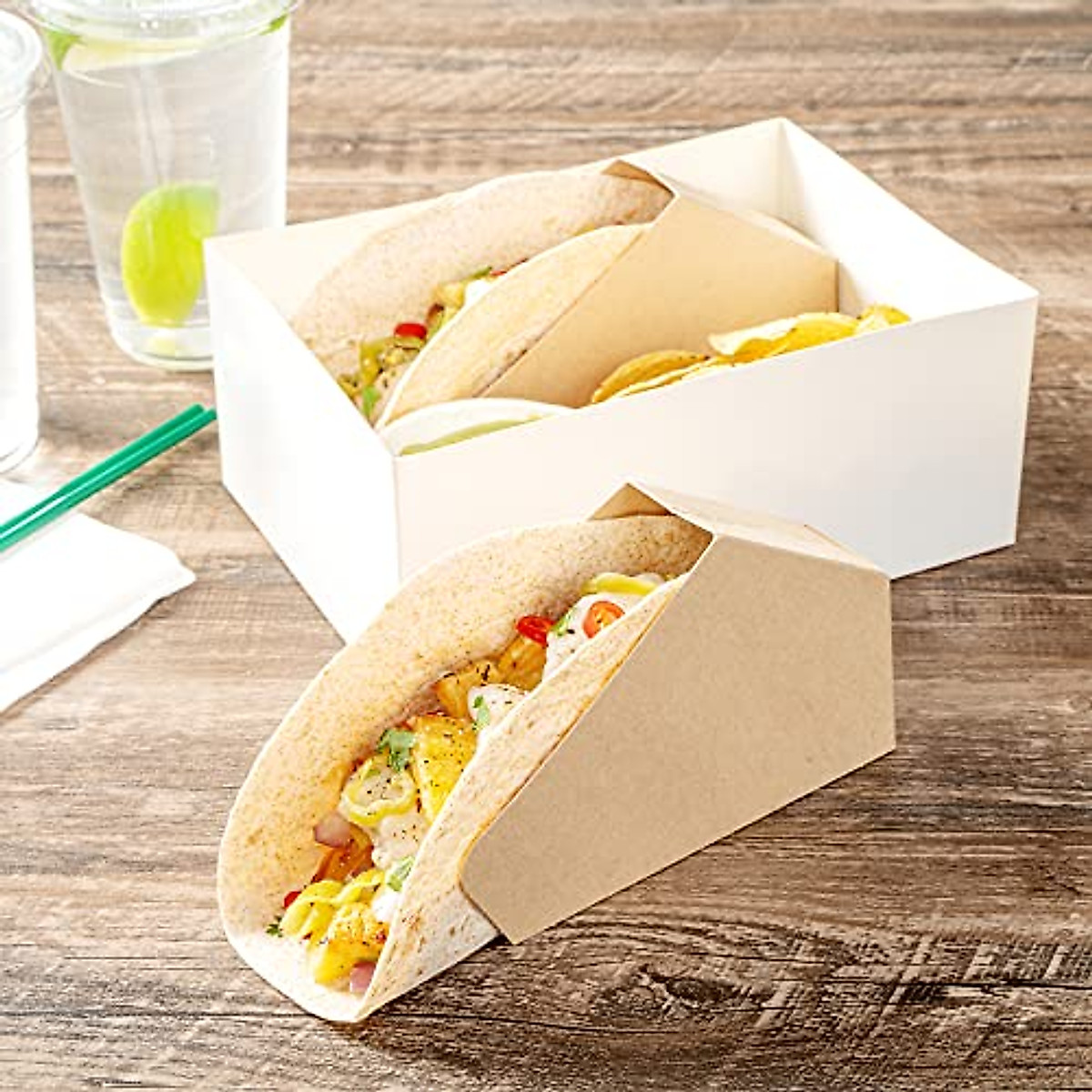 Restaurantware Bio Tek 6 .25 x 2 x 3.75 Inch Single Taco Holder 200 Greaseproof Stand Up Taco Holder - Large Self-Standing Kraft Paper Paper Taco Holder Freezable