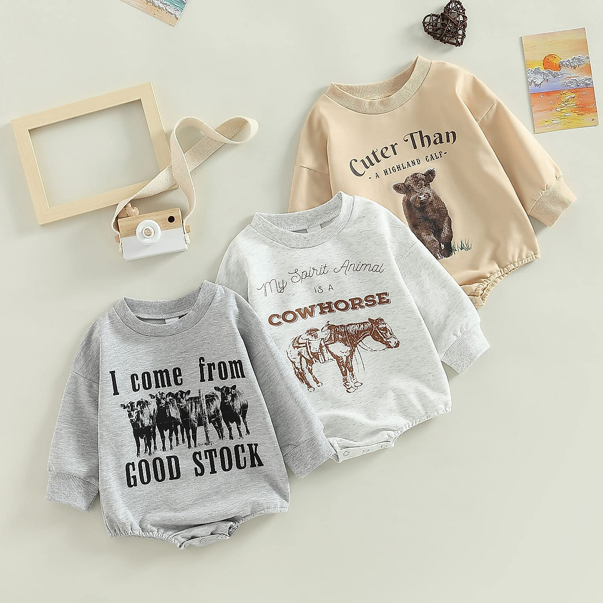 ZyHwShine Western Baby Outfit Newborn Boy Girl Cow Print Sweatshirt Romper Bodysuit Sweater Onesie Fall Winter Clothes (Khaki Cuter,0-3 Months)