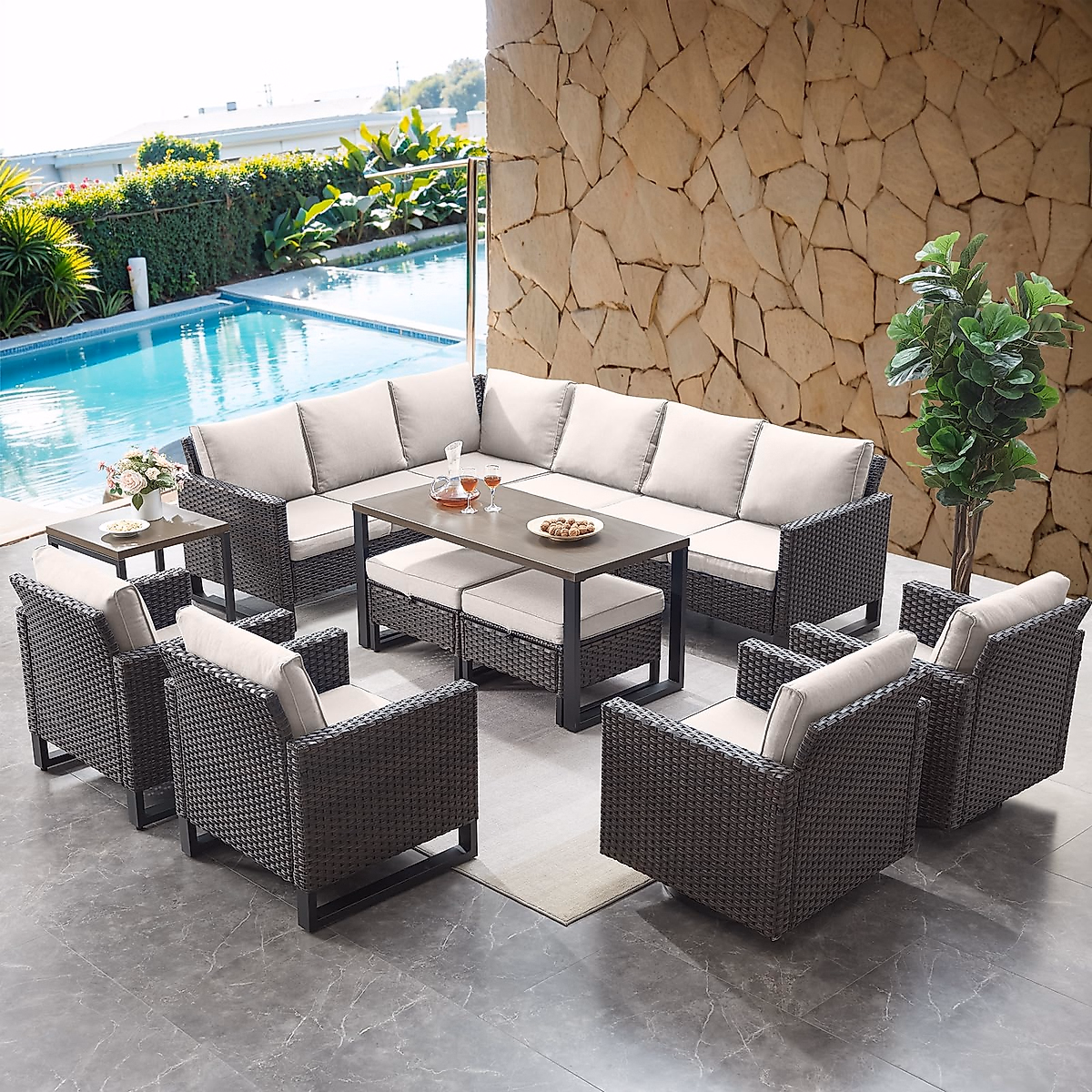 HUMMUH 10 Piece Patio Furniture PE Wicker 6-Seater Outdoor Sectional Sofa with Dinning Table Patio Swivel Chairs Outdoor Chairs for Porch,Garden,Backyard,Deck(Brown/Beige)