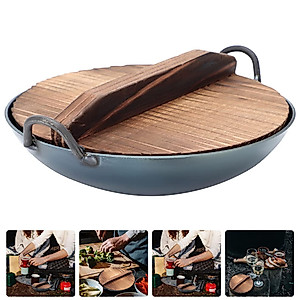 Cabilock Mini Kitchen Accessories 1 Set Wok Pan with Wood Wok Lid and Handles Nonstick Iron Deep Frying Pan with Flat Base for Stir- Fry Grilling Frying Steaming Stovetop Black Khaki Miniature Pot