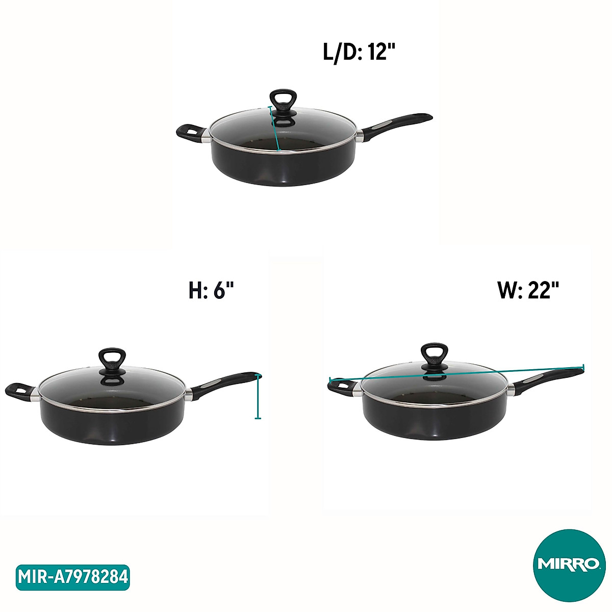 Mirro A79782 Get A Grip Aluminum Nonstick Jumbo Cooker Deep Fry Pan with Glass Lid Cover Cookware, 12-Inch, Black