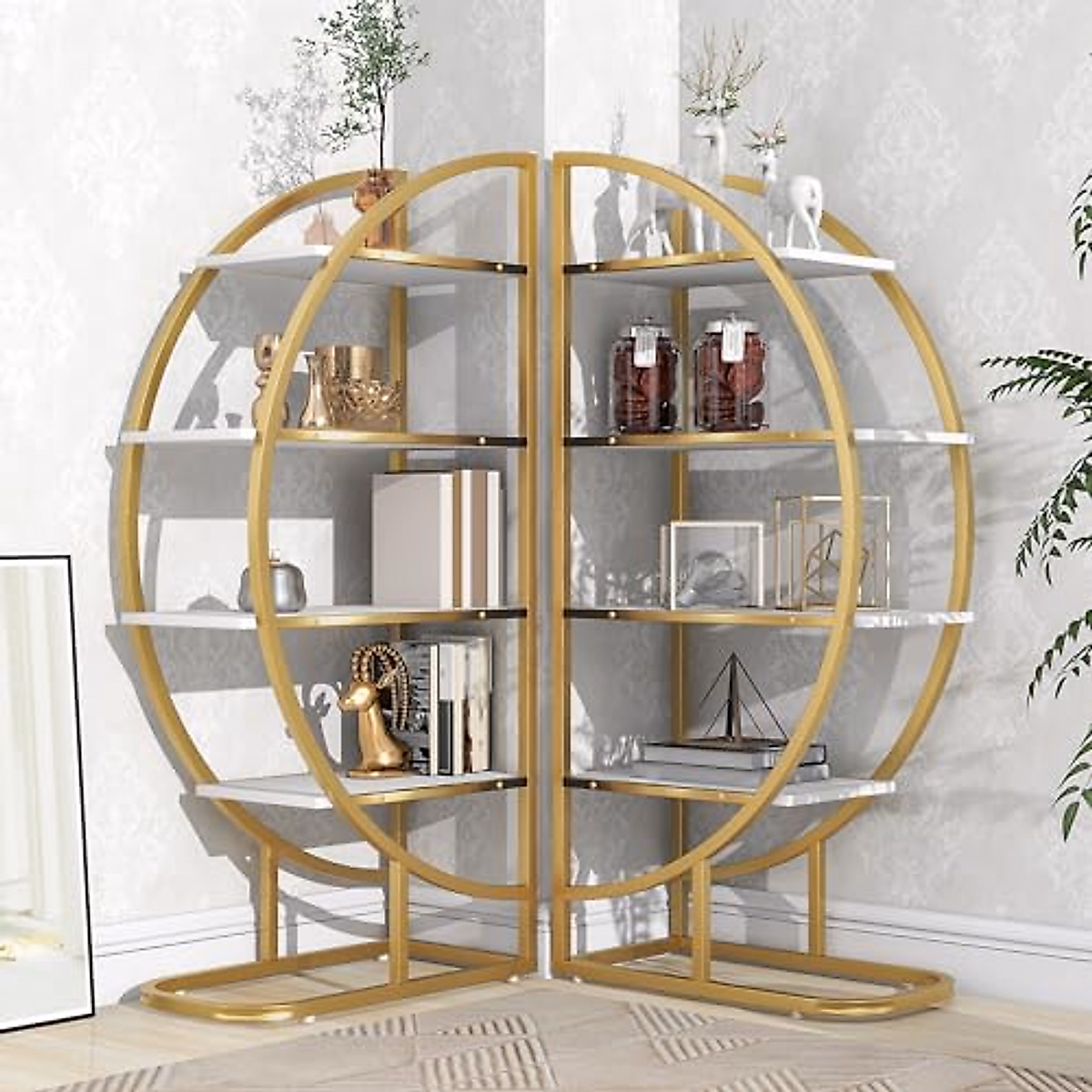 Merax Round Bookshelf Storage Display Shelf Organizer, 4 Tiers L Shaped Corner Bookcase Shelving Unit for Home Office, White, Gold