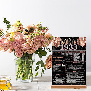 Trgowaul 90th Birthday Decorations Set: Includes Rose Gold Birthday Backdrop Banner 5.9 X 3.6 Fts, Rose Gold Back in 1933 Birthday Poster Acrylic Table Sign with Stand