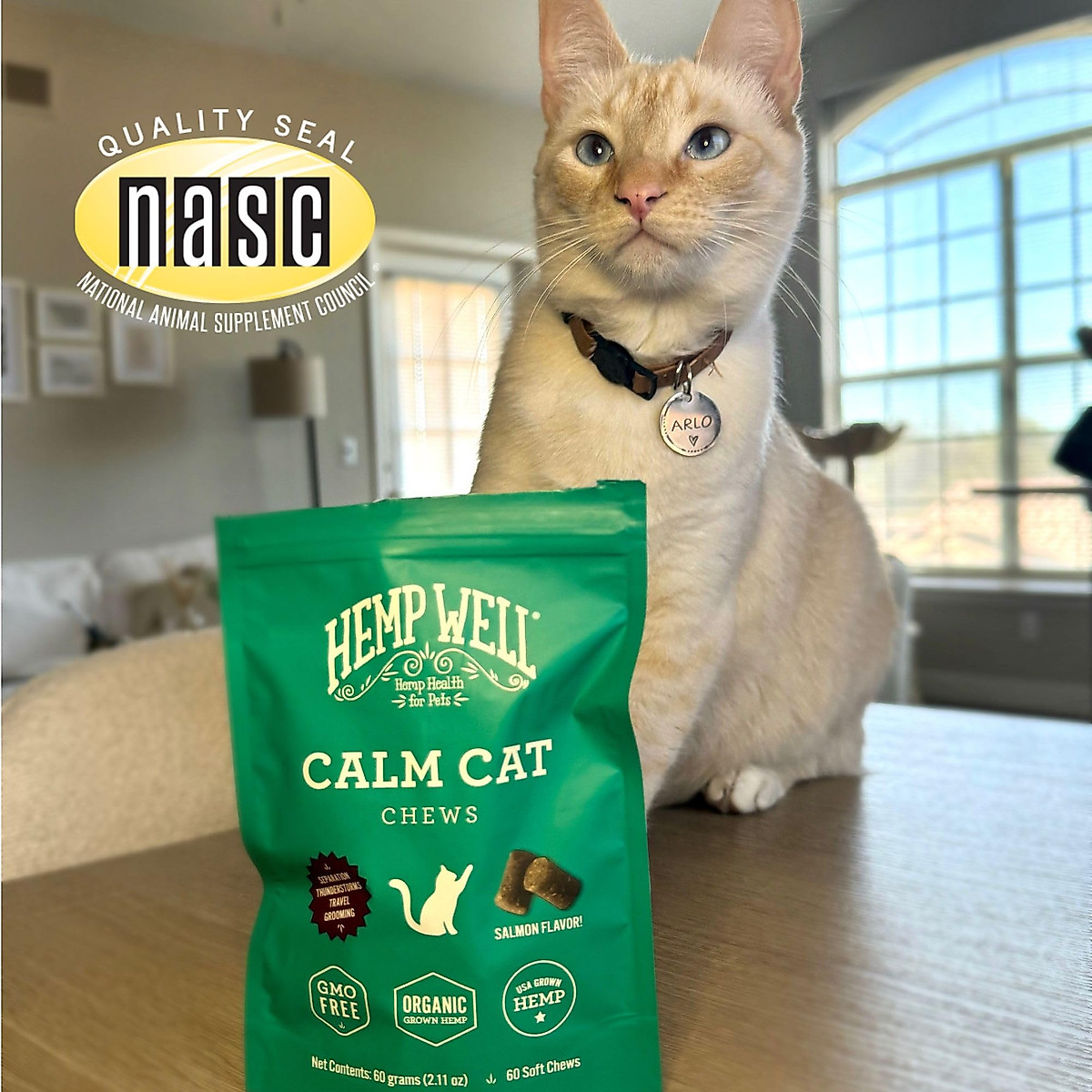 Hemp Well Calm Cat Soft Chews - Anxiety & Stress Relief Formula, Organic Ingredients, Soothes & Relaxes, Improves Behavior, 60 Count