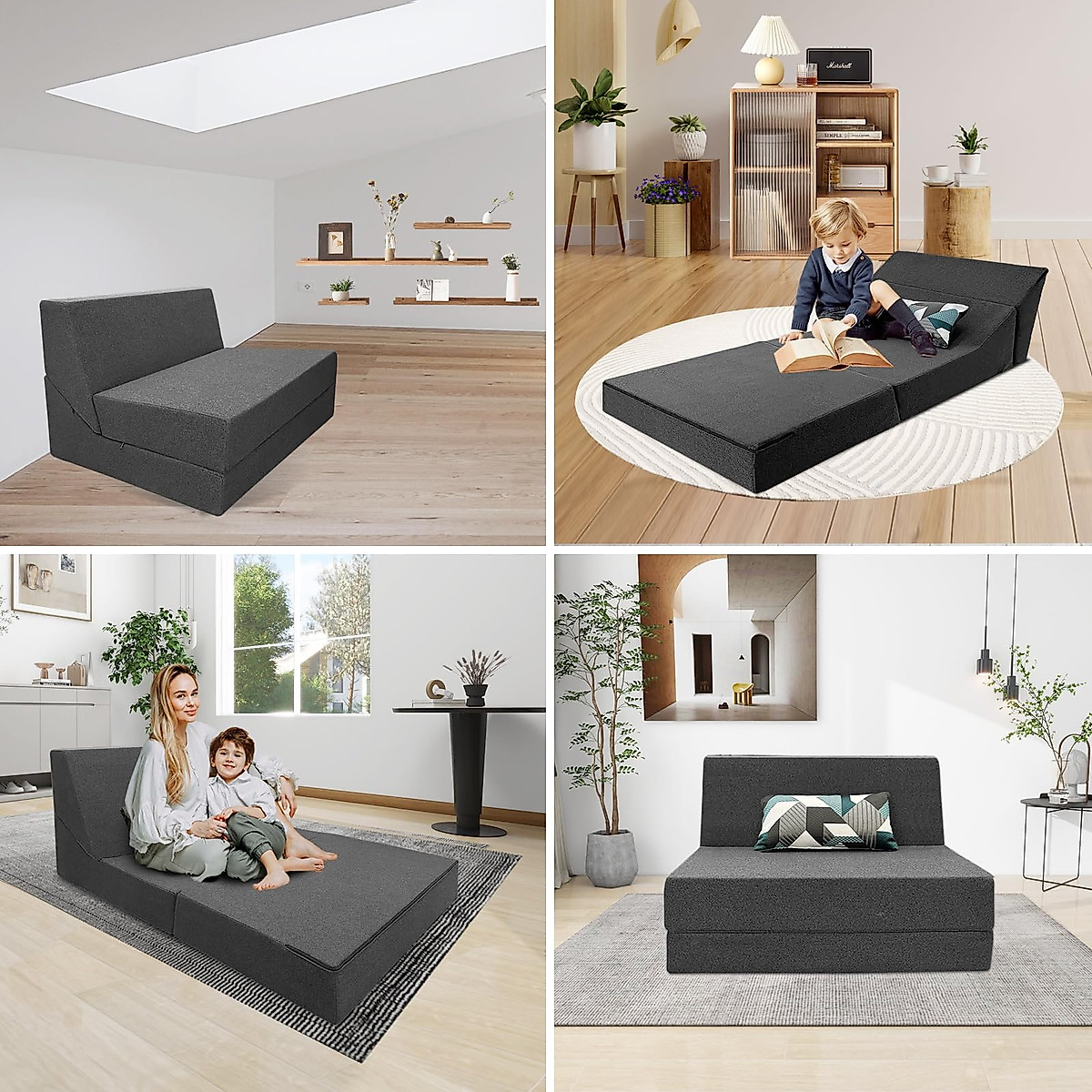 ANONER Convertible Sofa Bed Memory Foam Lounge Chaise with Pillow Chaise Sofa Chair for Living Room Bedroom and Apartment Office, Dark Gray