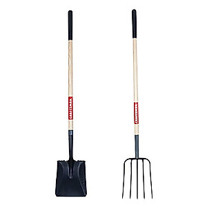 CRAFTSMAN CMXMKIT0070 2-Piece Long Wood Handle Composting Tool Set with Transfer Shovel and 5-Tine Manure Fork, Brown