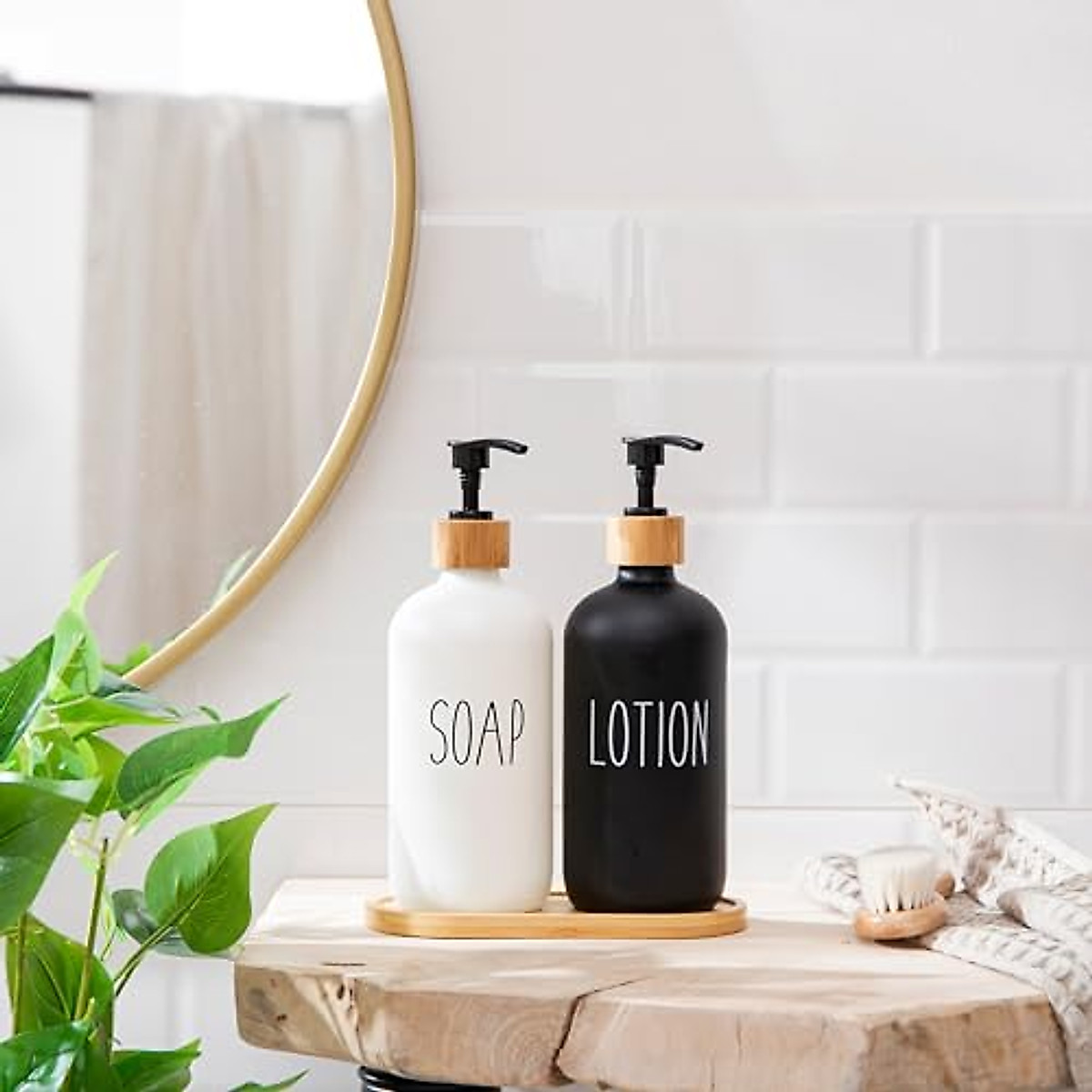 Vorey Bathroom Glass Soap Dispenser Set with Pump, Soap and Lotion Dispenser with Bamboo Tray for Farmhouse Decor (Black & White)