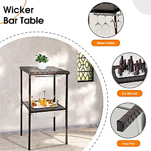 Sundale Outdoor 3 Pieces Wicker Bar Furniture Set for 2, Patio Stools and Bar Set with Glass Holder & Ice Bucket, Counter and 2 Pub Stools, High Top Bistro Dining Set, Brown Rattan and Beige Cushions