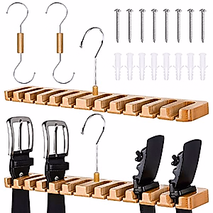 2 Pack Belt Hanger for Closet 2 in 1 Wooden Belt Organizer Wall Mount Belt Holder Storage Belt Rack Display Tie Rack Hooks with Through-The-Wall Nails/360°Swivel Hook Belt Holder for Closet Wall Door