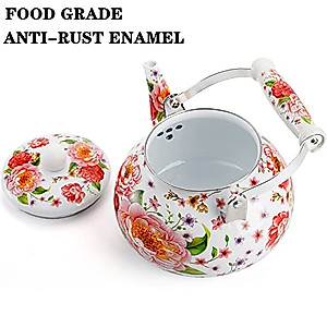 DEAYOU 2.6 Quart Enamel Tea Kettle Stovetop, Large Porcelain Enameled Teakettle, 2.5L Vintage Tea Pot with Ceramic Cool Handle, Colorful Floral Steel Teapot for Hot Water, Retro Decor, No Whistling