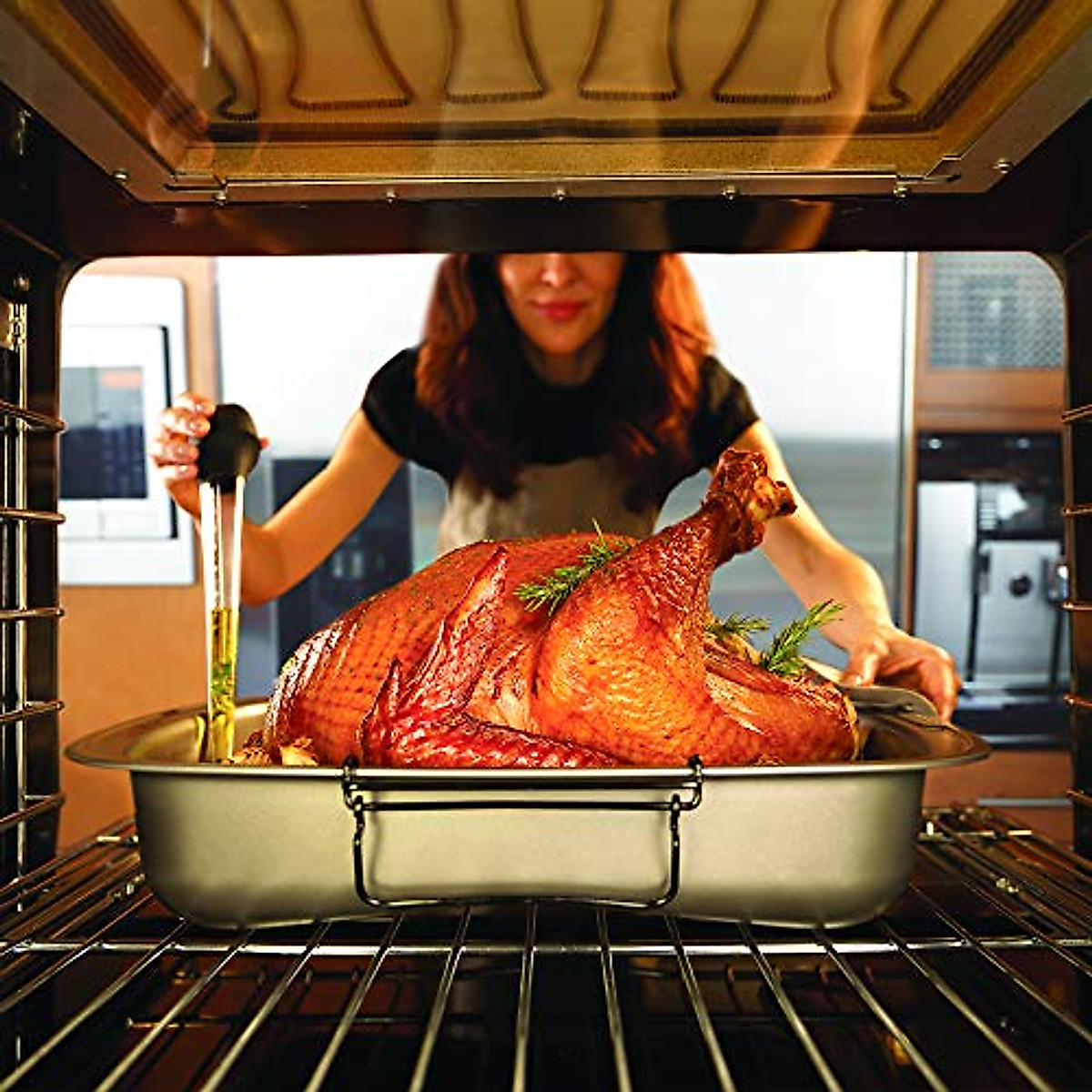 Goodcook Quick Roaster Pan and locking rack, with juice gathering pools for easier, safer, faster basting, 17x12x3 inches, Grey