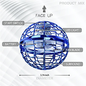 Flying Ball Toy Globe 360°Rotating Hand Controlled Orb Magic Led Lights Controller Mini Drone Boomerang Fly Spinners for Kids Adults Indoor Outdoor (Blue)