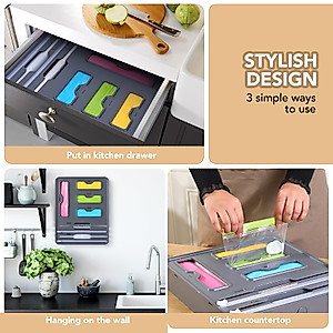 CiWiVOKi Storage Bag Organizer for Kitchen Drawer, Foil and plastic Wrap Organizer with Cutter, Plastic Kitchen Organizers and Storage for Sandwich Gallon Quart Snack Bags, 12" Aluminum Foil, Grey