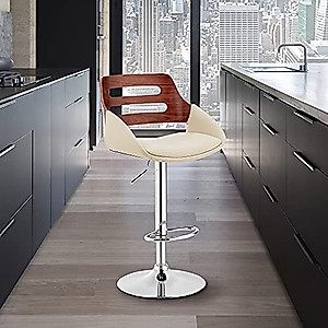 Armen Living Karter Adjustable Cream Faux Leather and Walnut Wood Bar Stool with Chrome Base