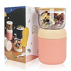 UHAPEER Oatmeal Yogurt Container, Overnight Oats Containers with Lids and Spoon, Stainless Steel Insulated Food Container, 2-Tier Cereal Cup On the Go, Parfait Cup Milk Container for Breakfast Lunch