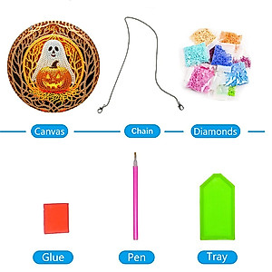 LUSandy DIY 5D Halloween Ghost Pumpkin Diamond Painting Kits Hanging Sign Wall Art Sign Pumpkin Diamond Art Suncatcher Window Hanging Ornament Window Pendants for Adults Home Garden Wall Door