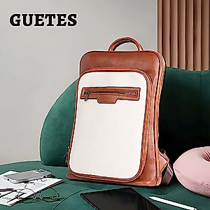 GUETES Leather Laptop Backpack, for Women and Men 15.6 inch Computer Backpack Travel Large Business Work College Daypack, Off White+ Brown
