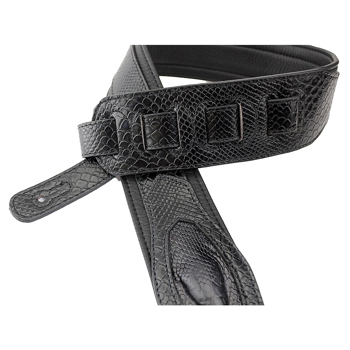 Walker & Williams SF-06 Black Handmade Textured Snakeskin Pattern Padded Guitar Strap with Snakehead Design For Acoustic, Electric, And Bass Guitars