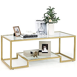 NAFORT Tempered Glass Coffee Table, 45 Inch Gold Rectangular Modern Center Table with Lower Storage Shelf, Sturdy Metal Frame, for Living Room Home Office/Gold