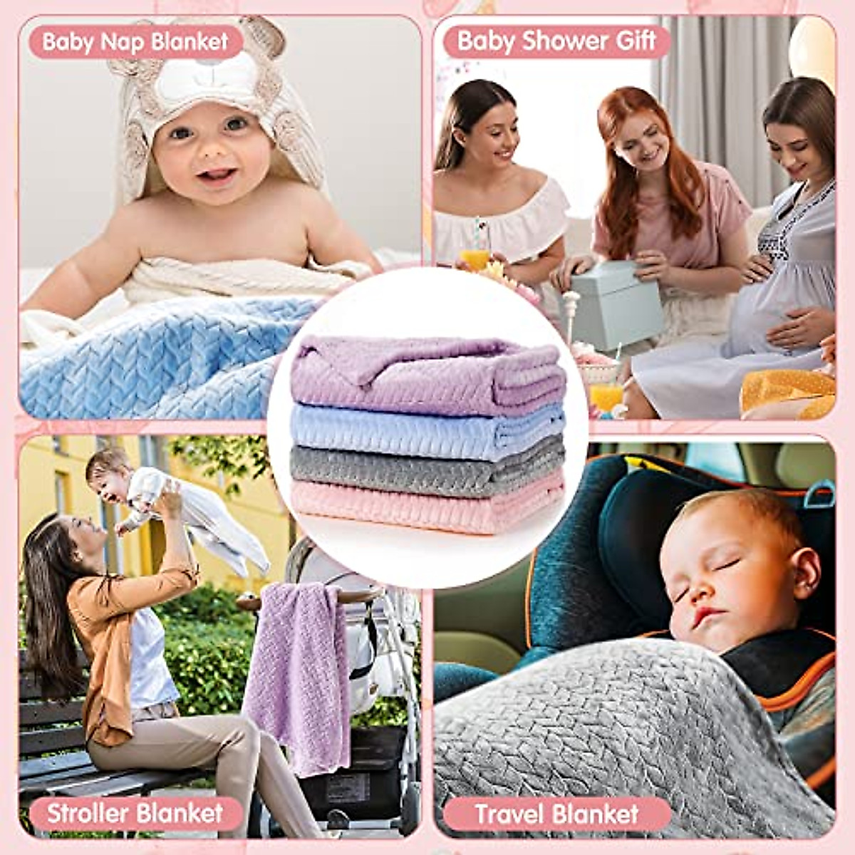 4 Pcs Baby Girl Blankets, Plush Flannel Baby Blanket, Soft and Warm Throw Blankets for Newborn Infant and Toddler, Fleece Blanket for Crib Stroller (30 x 40 Inch)