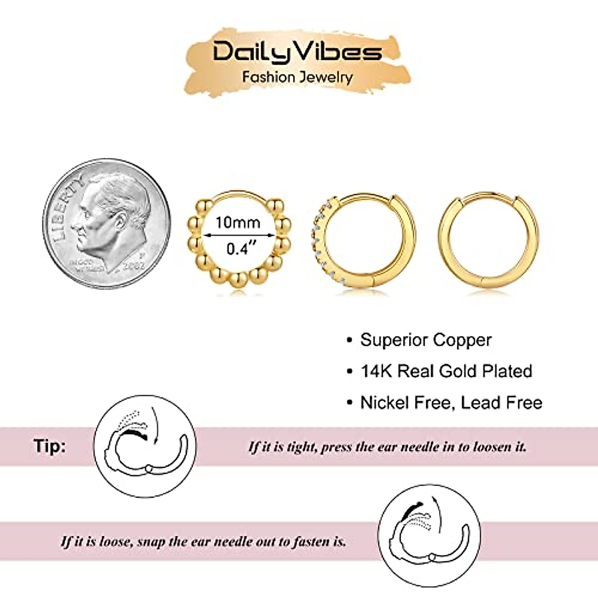 DAILY VIBES Small Gold Hoops Huggie Earrings for Women 14K Real Gold Plated Dainty Cubic Zirconia Mini Bead Cartilage Earring Hypoallergenic Hoop Earrings Set for Women